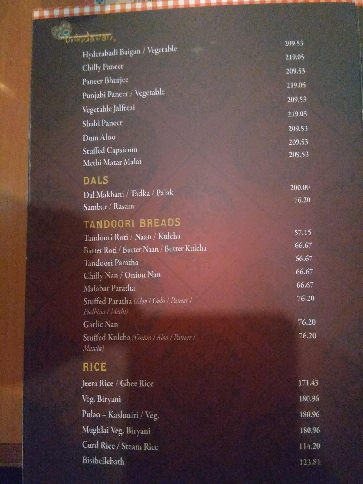 Menu at Vrindavan Restaurant, Chennai
