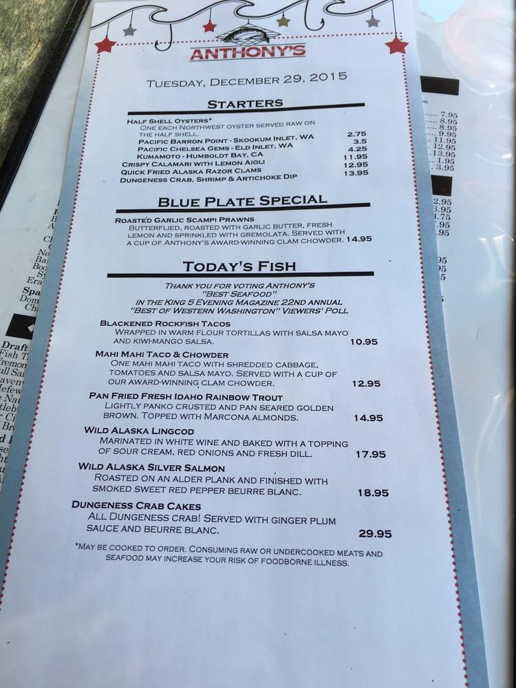 Menu at Anthony's At Point Defiance restaurant, Tacoma