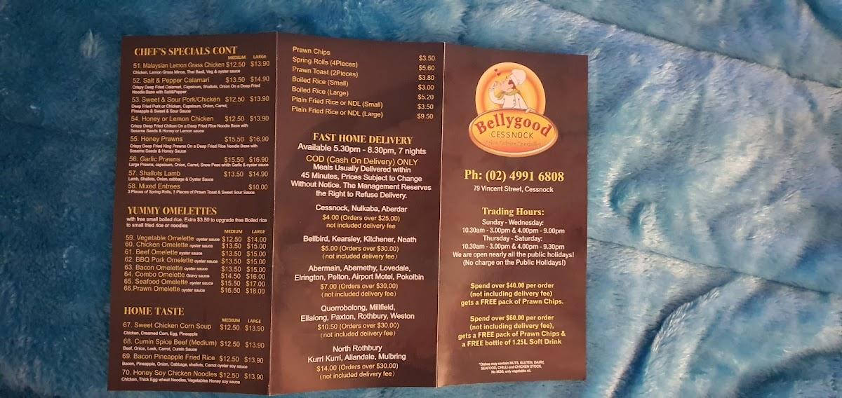 Menu at Bellygood restaurant, Cessnock