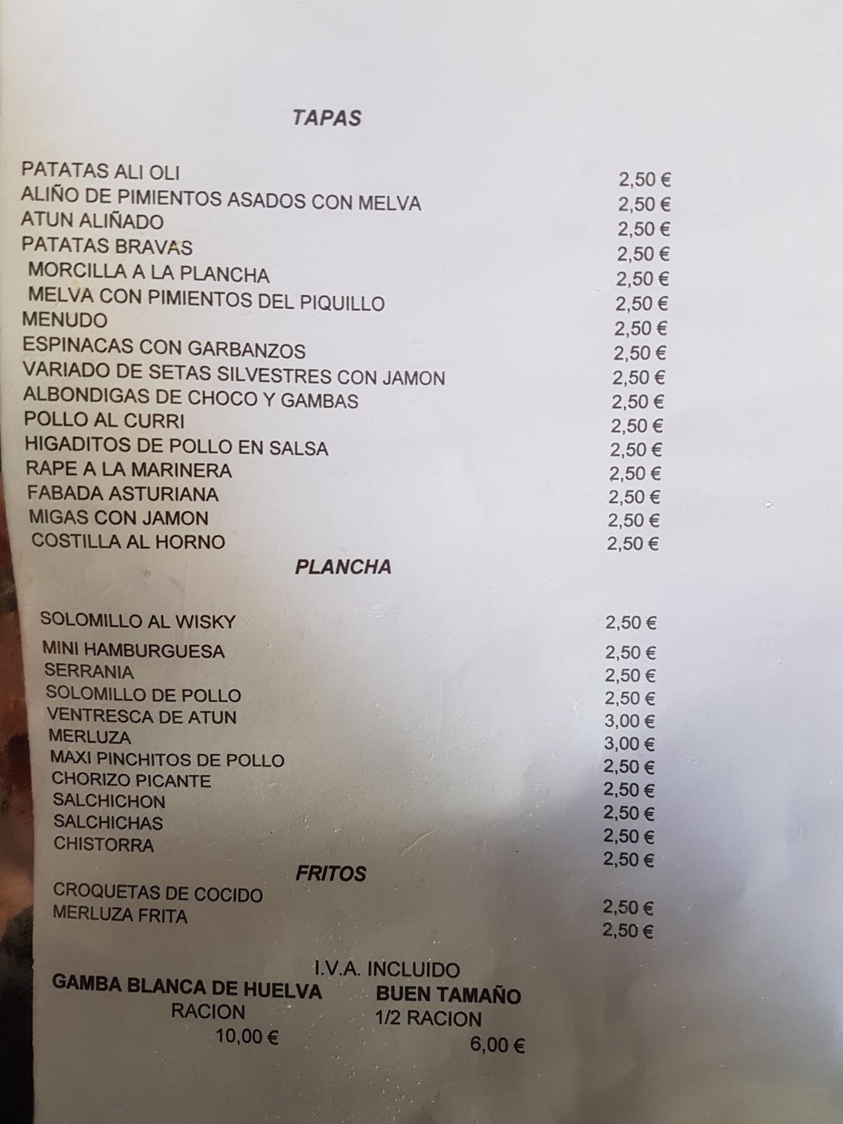 Menu at Cafetería Bar La Sevilla que se fue, Seville
