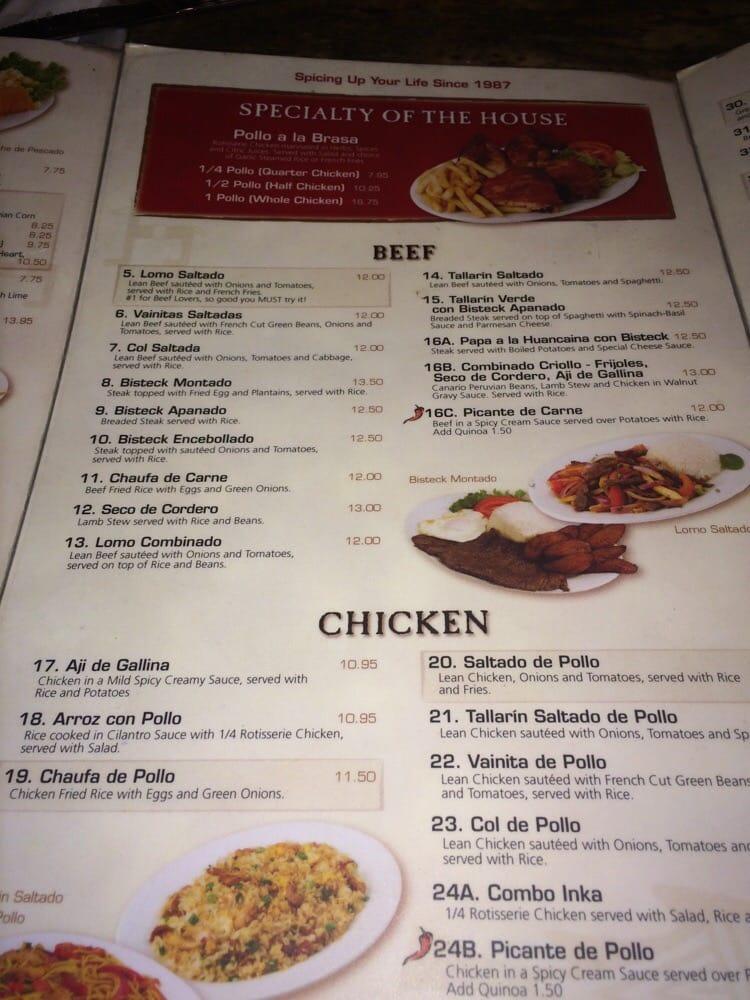 Menu at El Pollo Inka Gardena Peruvian Restaurant & Nightclub, Gardena ...