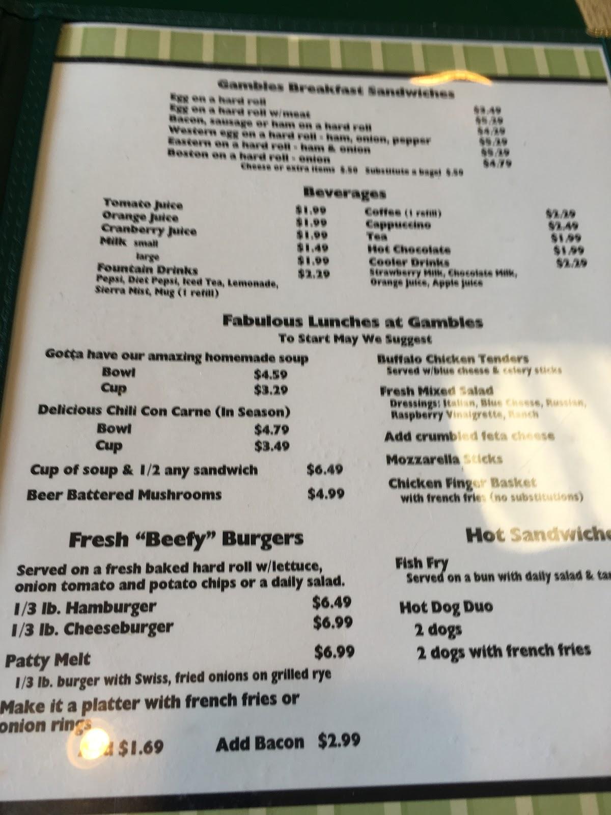 Menu at Gambles cafe, Queensbury