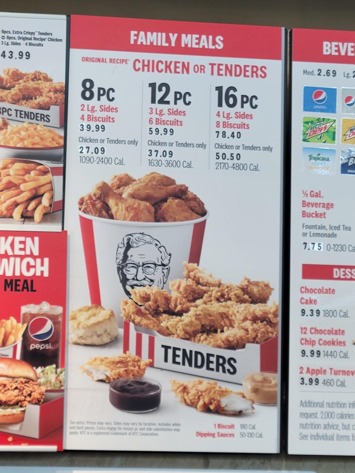 Menu at KFC fast food, Fairbanks, Airport Way