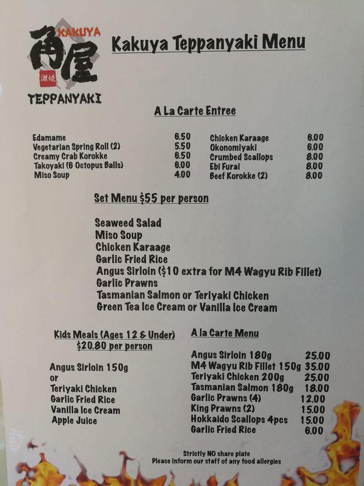 Menu at Kakuya Teppanyaki restaurant, Mudjimba