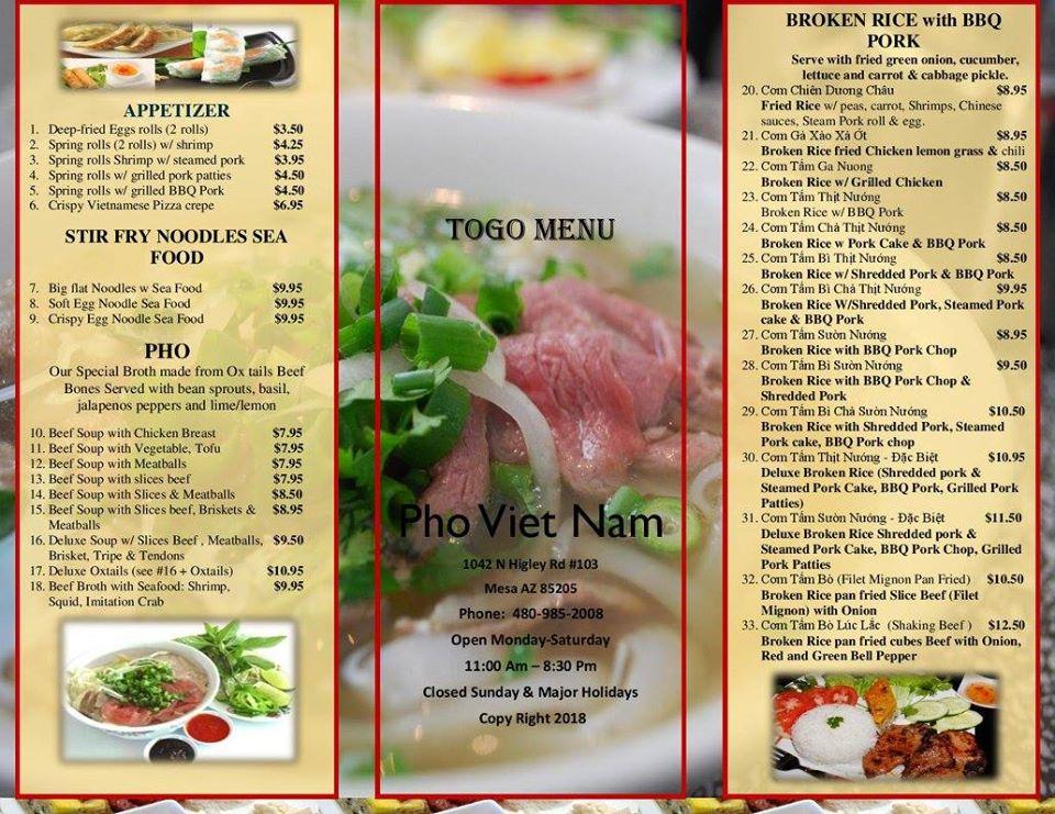 Menu at Pho Viet Nam 2 restaurant, Mesa, E Main St