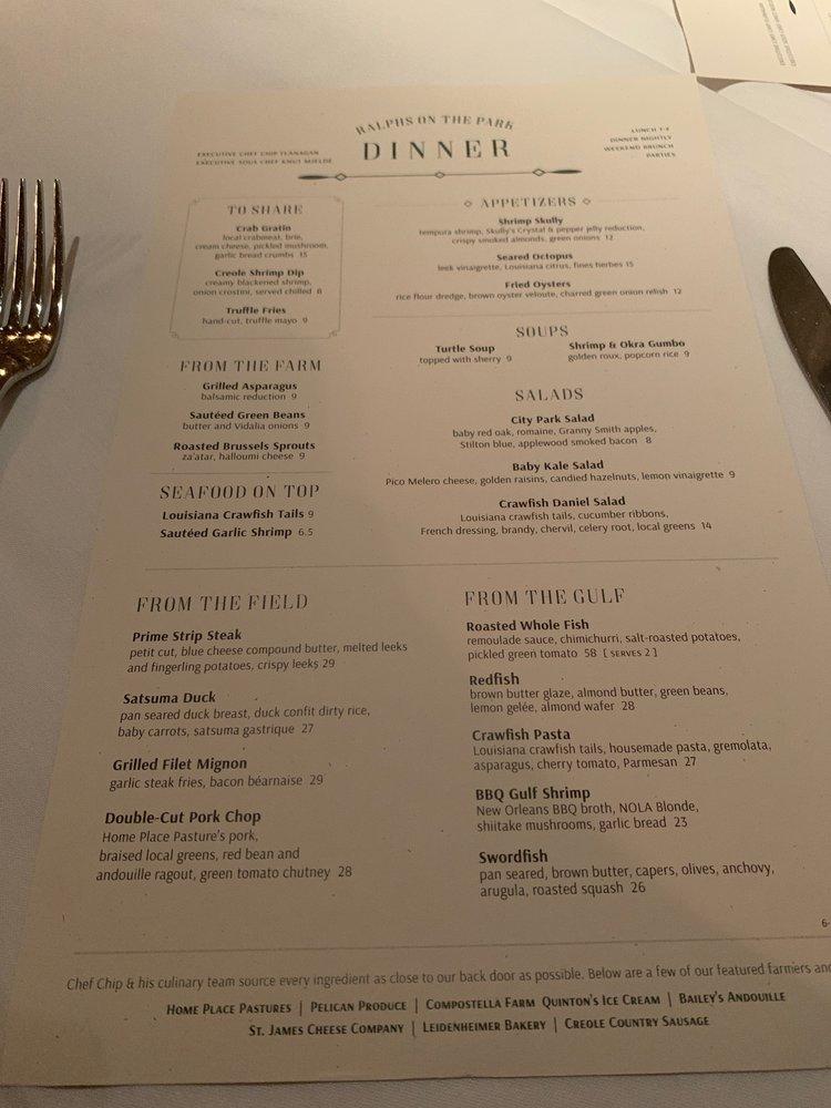 Menu at Ralph's on the Park restaurant, New Orleans