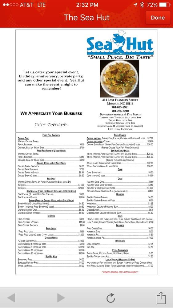 Menu at Sea Hut restaurant, Monroe