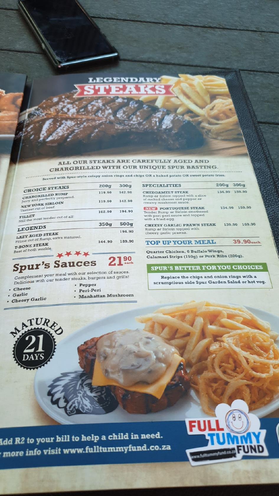 Menu at Tennessee Spur Steak Ranch restaurant, Kroonstad