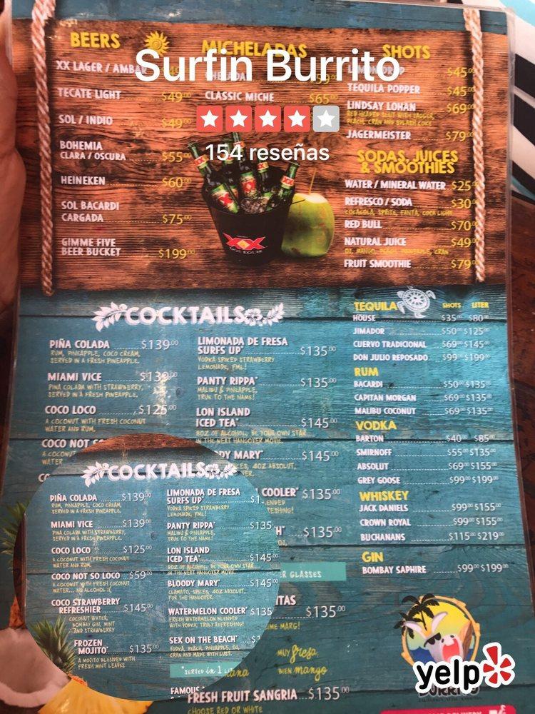 Menu at The Surfin Burrito pub & bar, Cancún, Kukulkan Km. 9.5