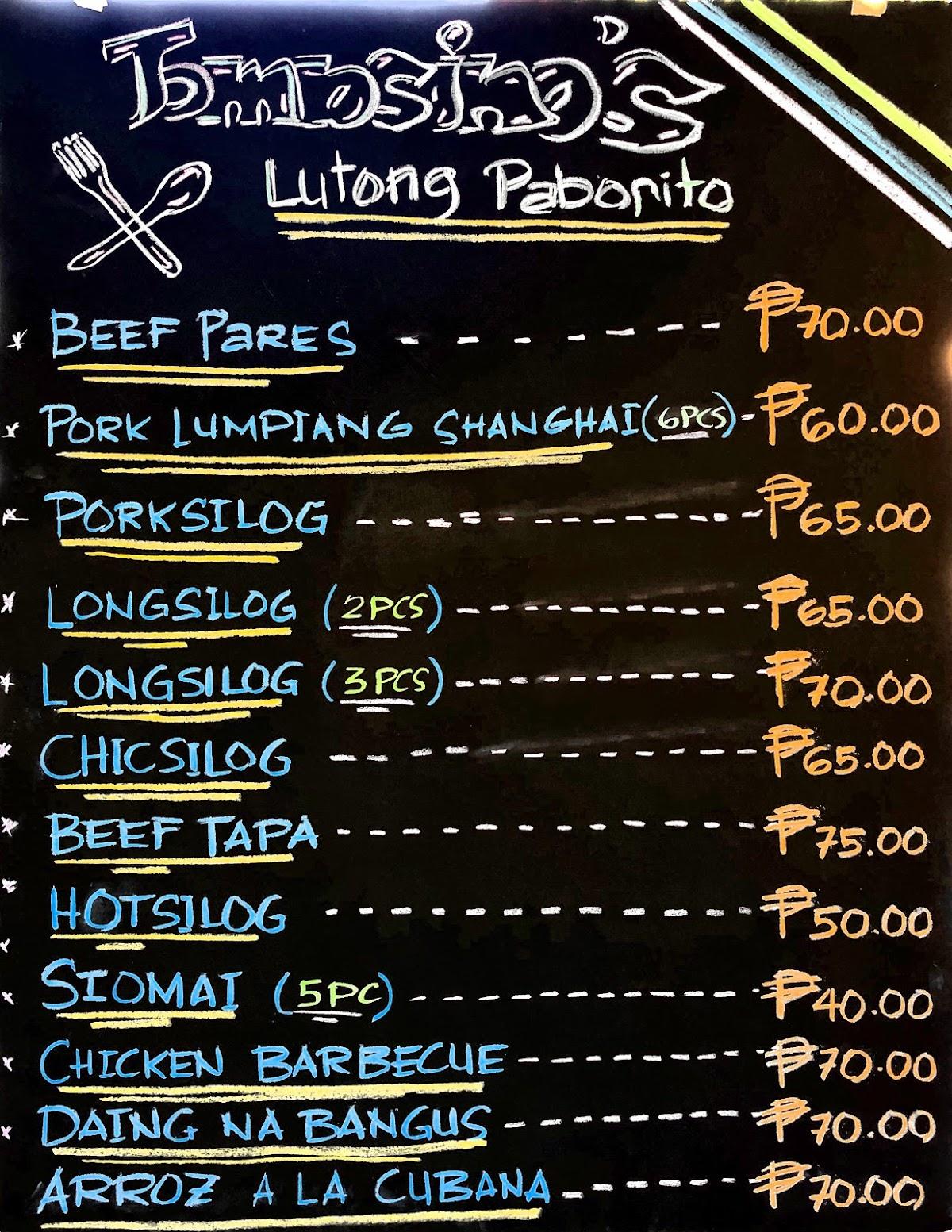 Menu at Tomasino's Lutong Paborito restaurant, Makati
