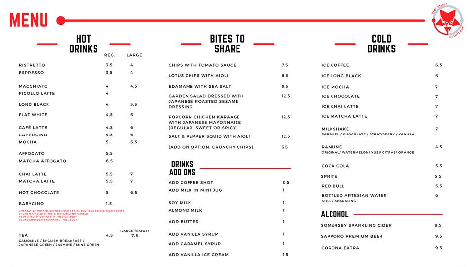 Menu at UFO Star Station - anime cafe, Willetton