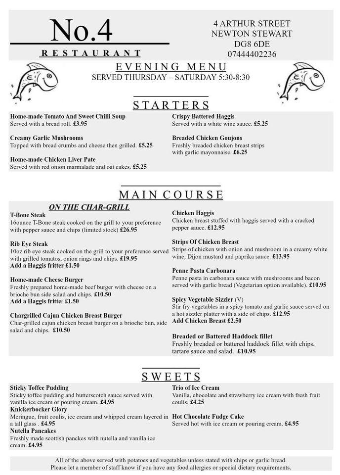 Menu at No.4 Restaurant, Newton Stewart