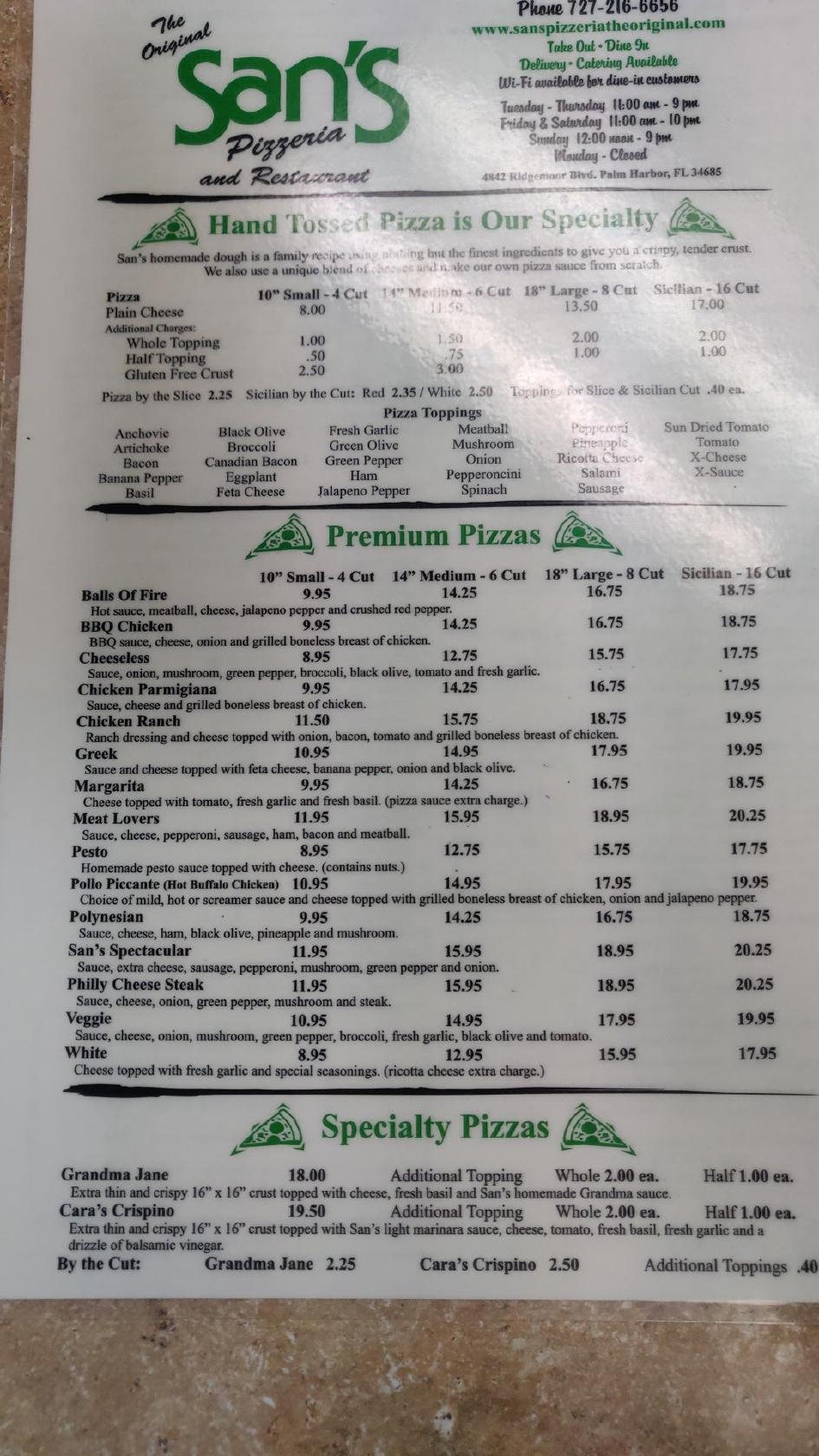 Menu at San's Pizzeria and Restaurant, Ocala, NW Blitchton Rd