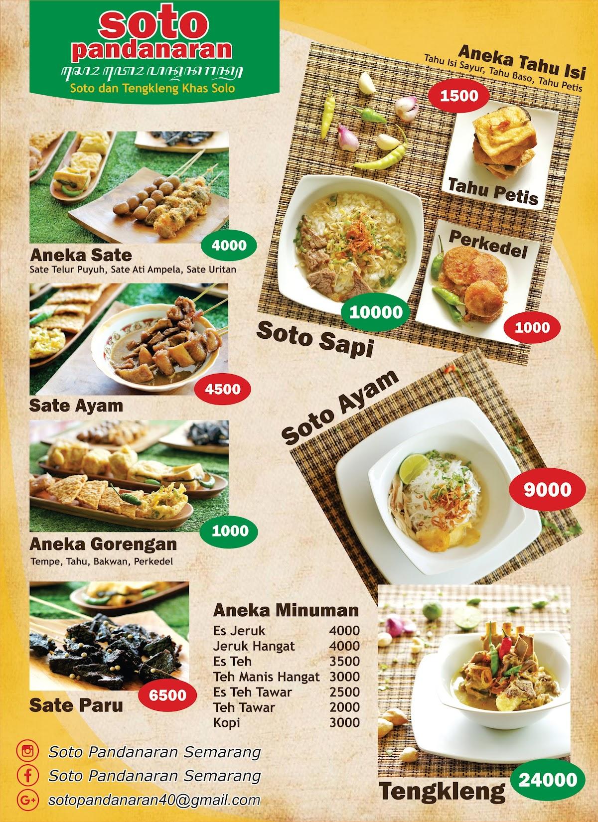 Menu at Soto Pandanaran, Semarang, Ruko Permata