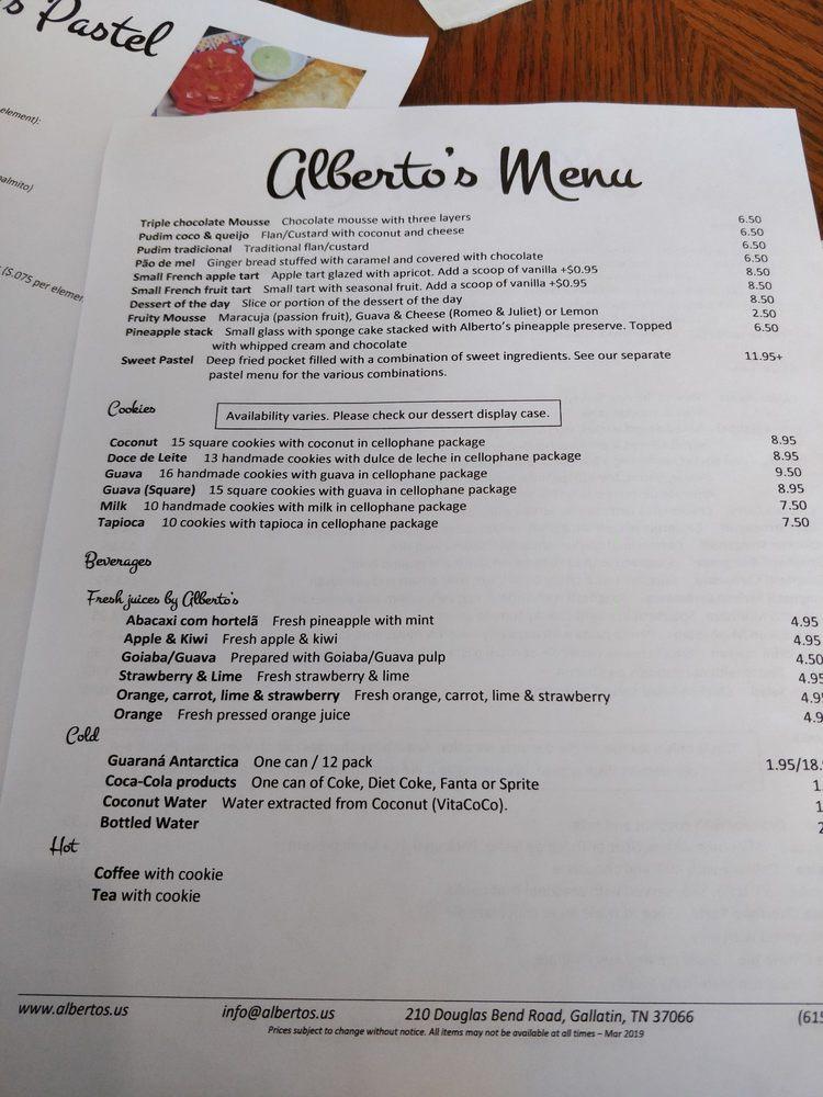 Menu at Alberto’s restaurant, Gallatin