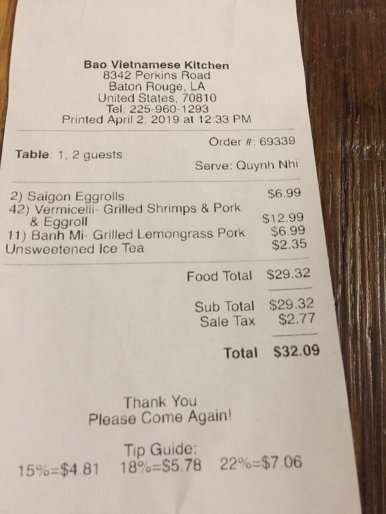Menu at Bao Vietnamese Kitchen restaurant, Baton Rouge