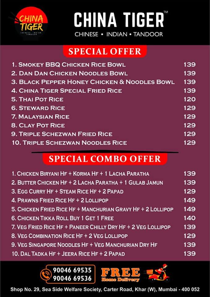 Menu at China Tiger, Mumbai