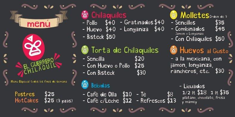 Menu at EL GUERRERO CHILAQUIL restaurant, Mexico City