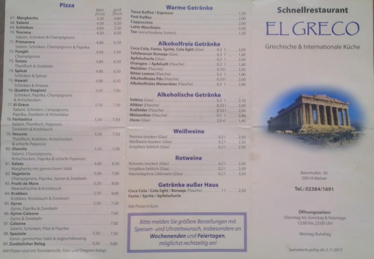 Menu at El Greco restaurant, Welver