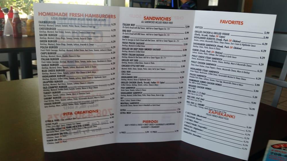 Menu at Highlander's Grill restaurant, Hickory Hills