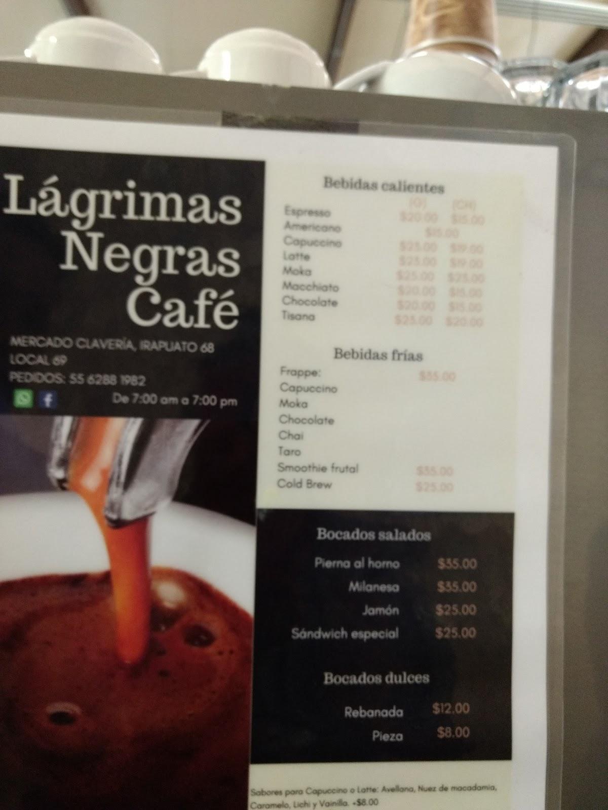 Menu at Lagrimas Negras Cafe, Toluca