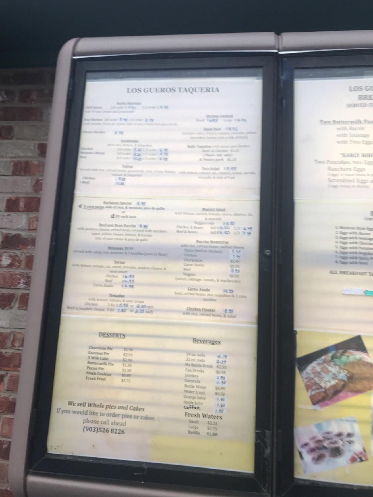 Menu at Los Gueros Taqueria restaurant, Tyler