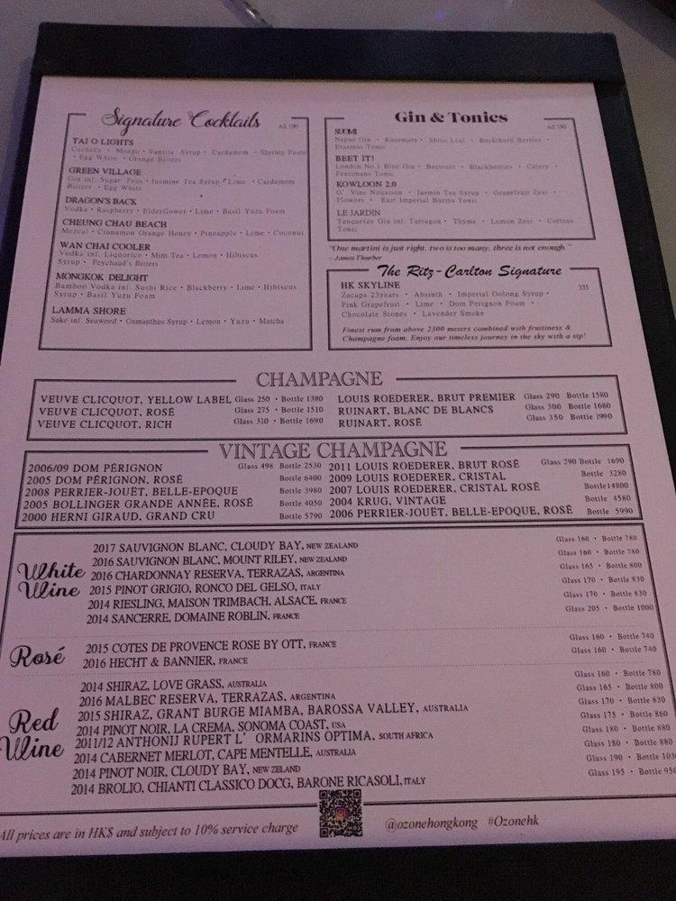 Menu at OZONE pub & bar, Hong Kong