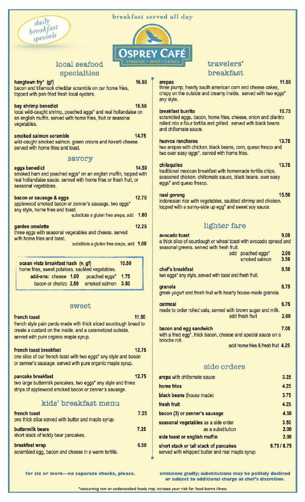 Menu at Osprey Café cafe, Seaside