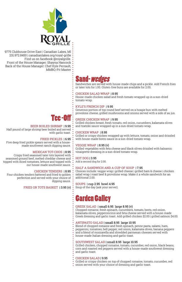 Menu at Royal Grille restaurant, Canadian Lakes