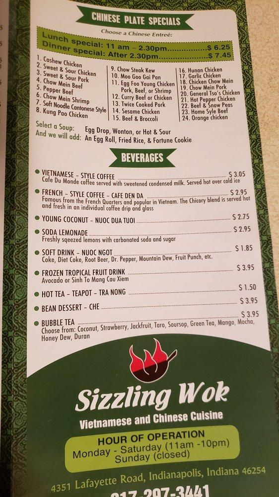 Menu at Sizzling Wok restaurant, Indianapolis, Lafayette Rd