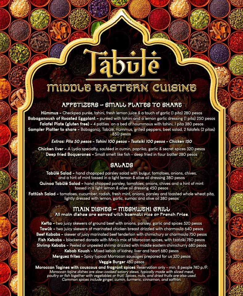 Menu at Tabülè restaurant, Cabarete