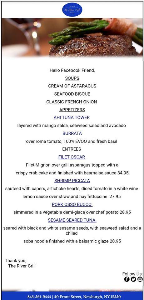 Menu at The River Grill restaurant, Newburgh