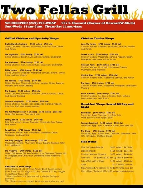 Menu at Two Fellas Grill restaurant, Kalamazoo, W Michigan Ave