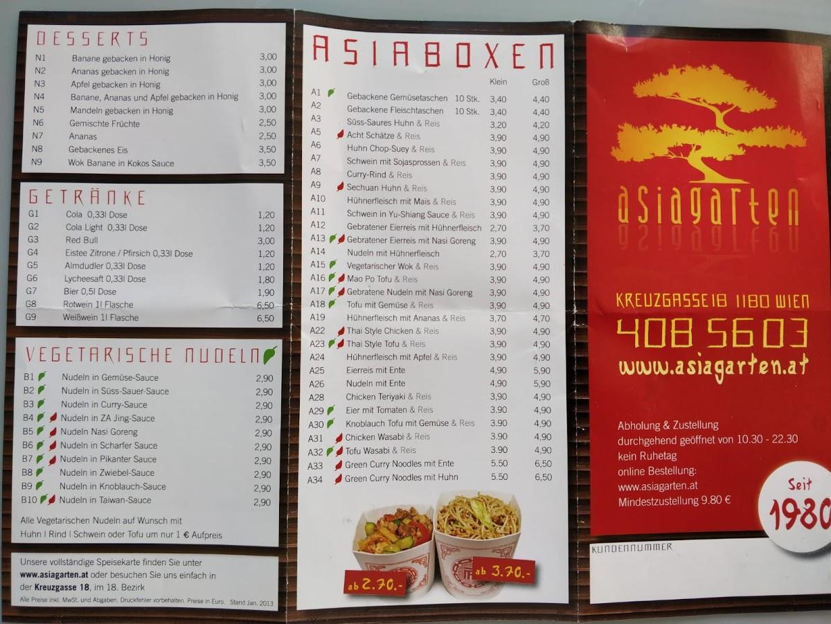 Menu at Asia Garten restaurant, Vienna, Kreuzg. 18