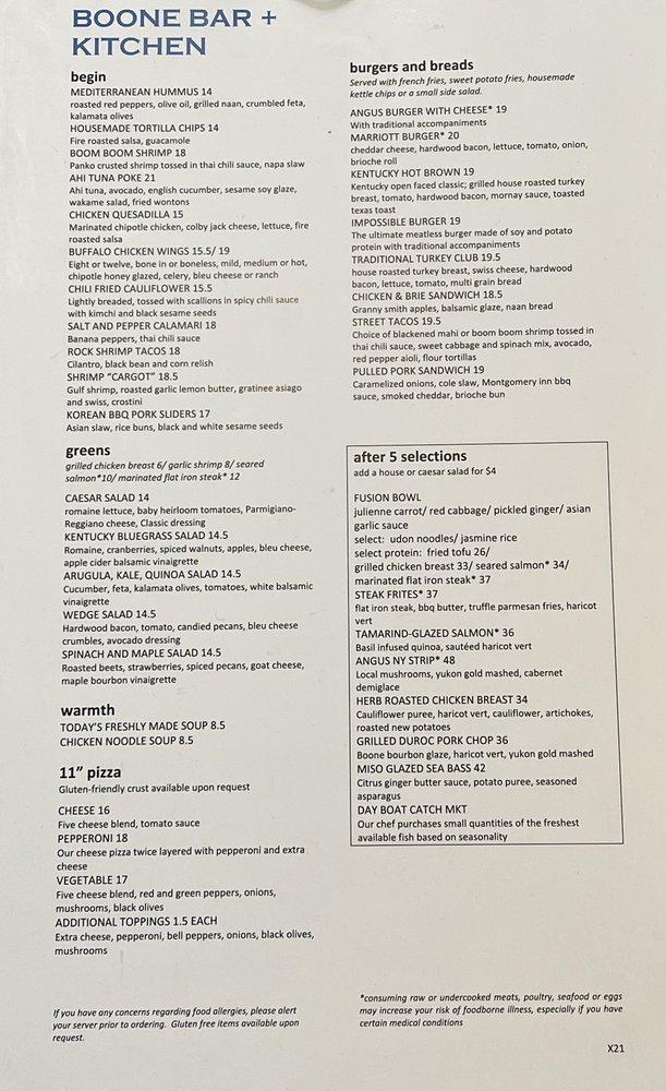 Menu at Boone Bar & Kitchen, Hebron