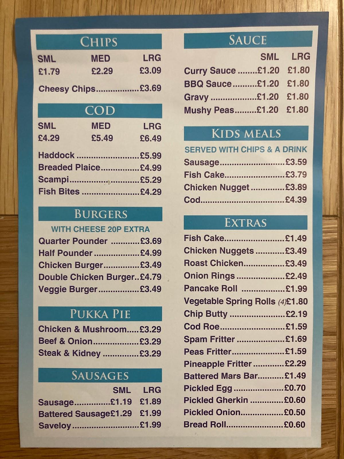 Menu at Classic Fish Bar, Salisbury