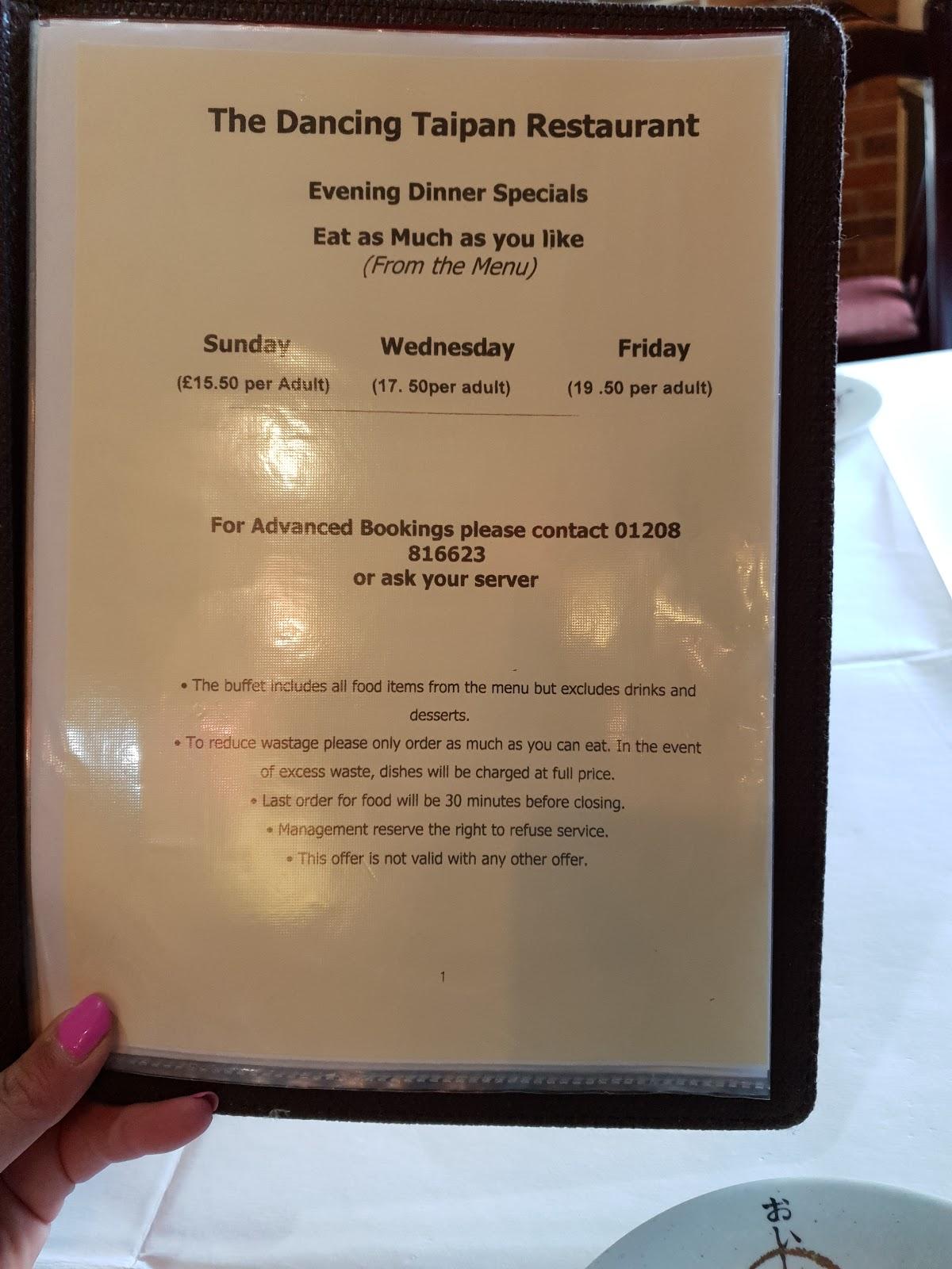 Menu at The Dancing Taipan restaurant, Wadebridge