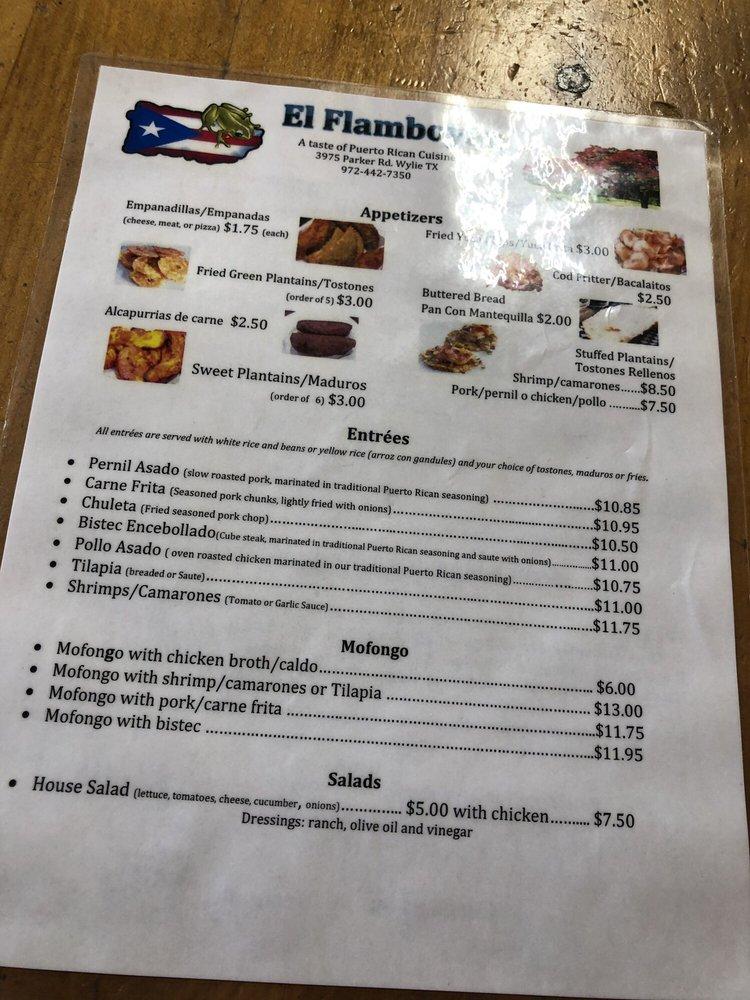Menu at El Flamboyan, Puerto Rican Restaurant, Wylie