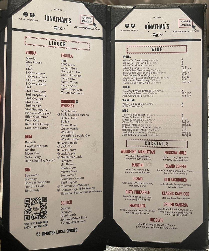 Menu at Jonathan's Grille pub & bar, Nashville, Hwy 70 S