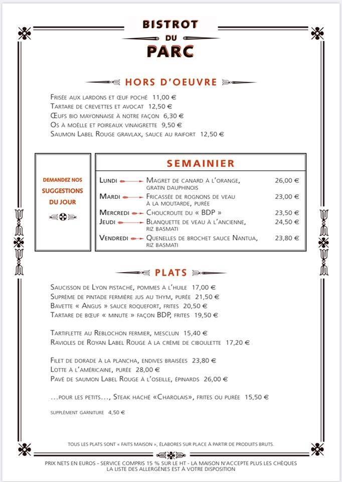 Menu au Le Bistrot Du Parc restaurant, Neuilly-sur-Seine, 15 Bd Jean Mermoz