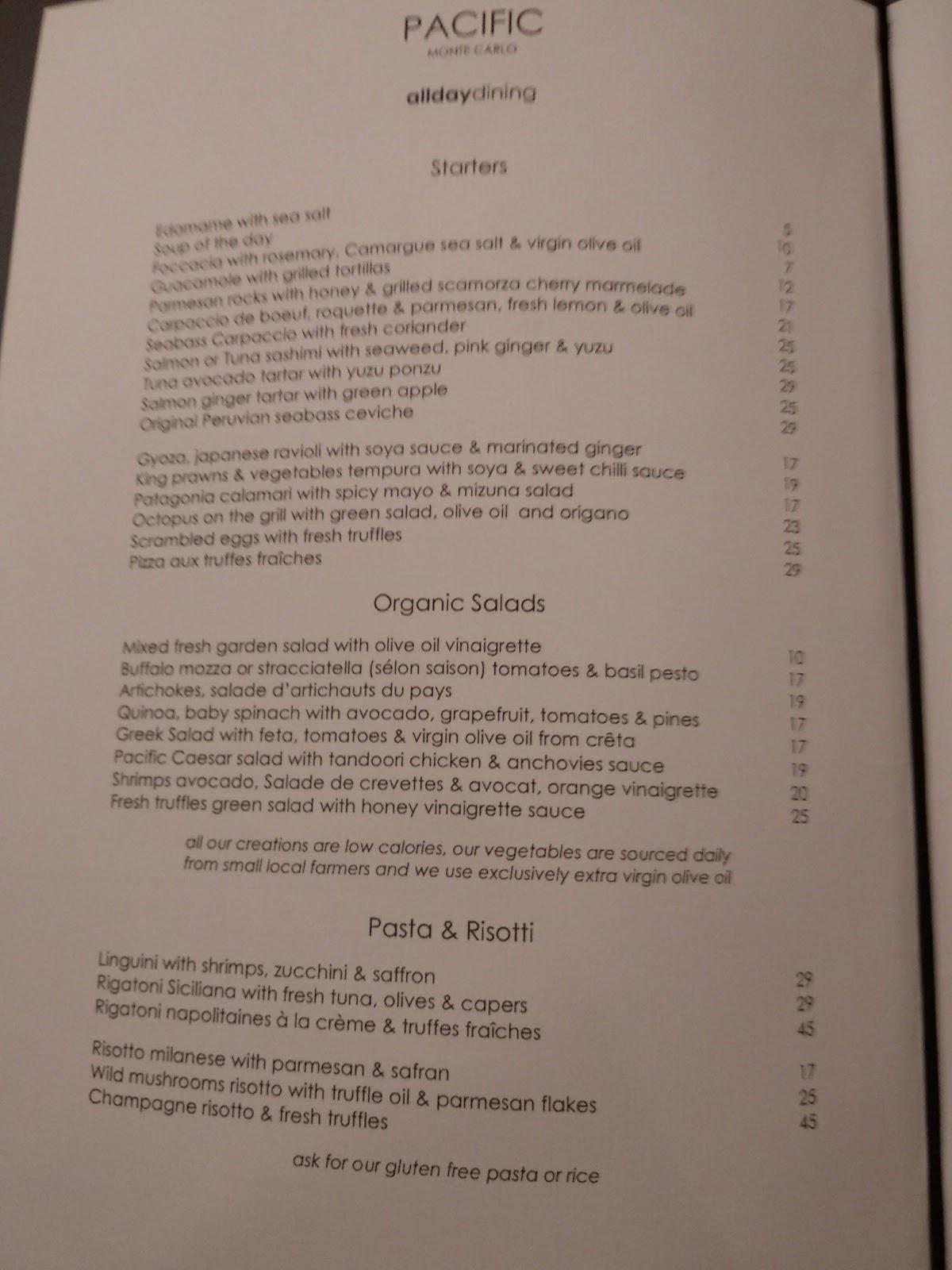 Menu au Pacific restaurant, Monaco