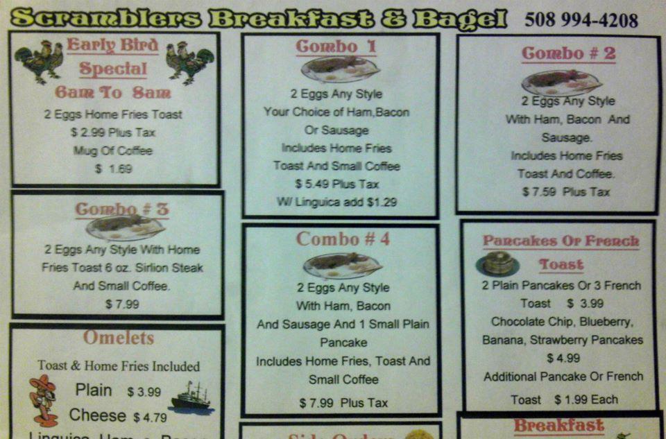 Menu at Scramblers Breakfast & Bagel restaurant, Fairhaven