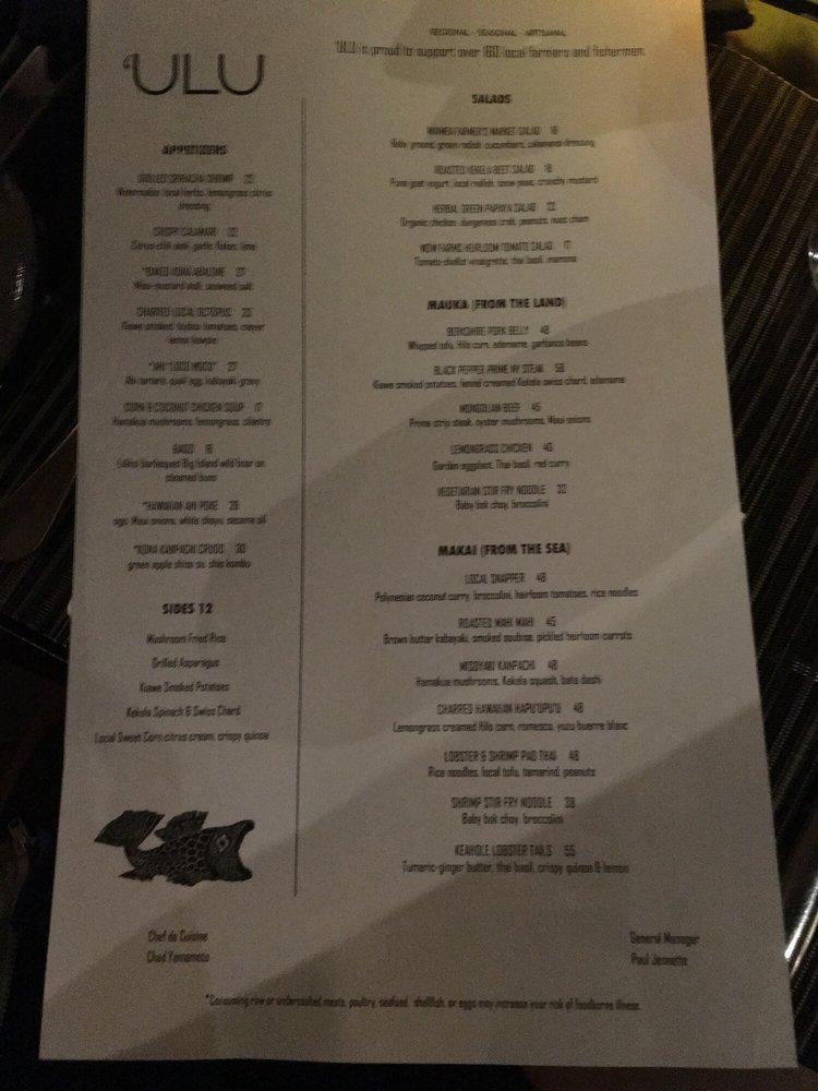 Menu at ULU Ocean Grill restaurant, Kalaoa