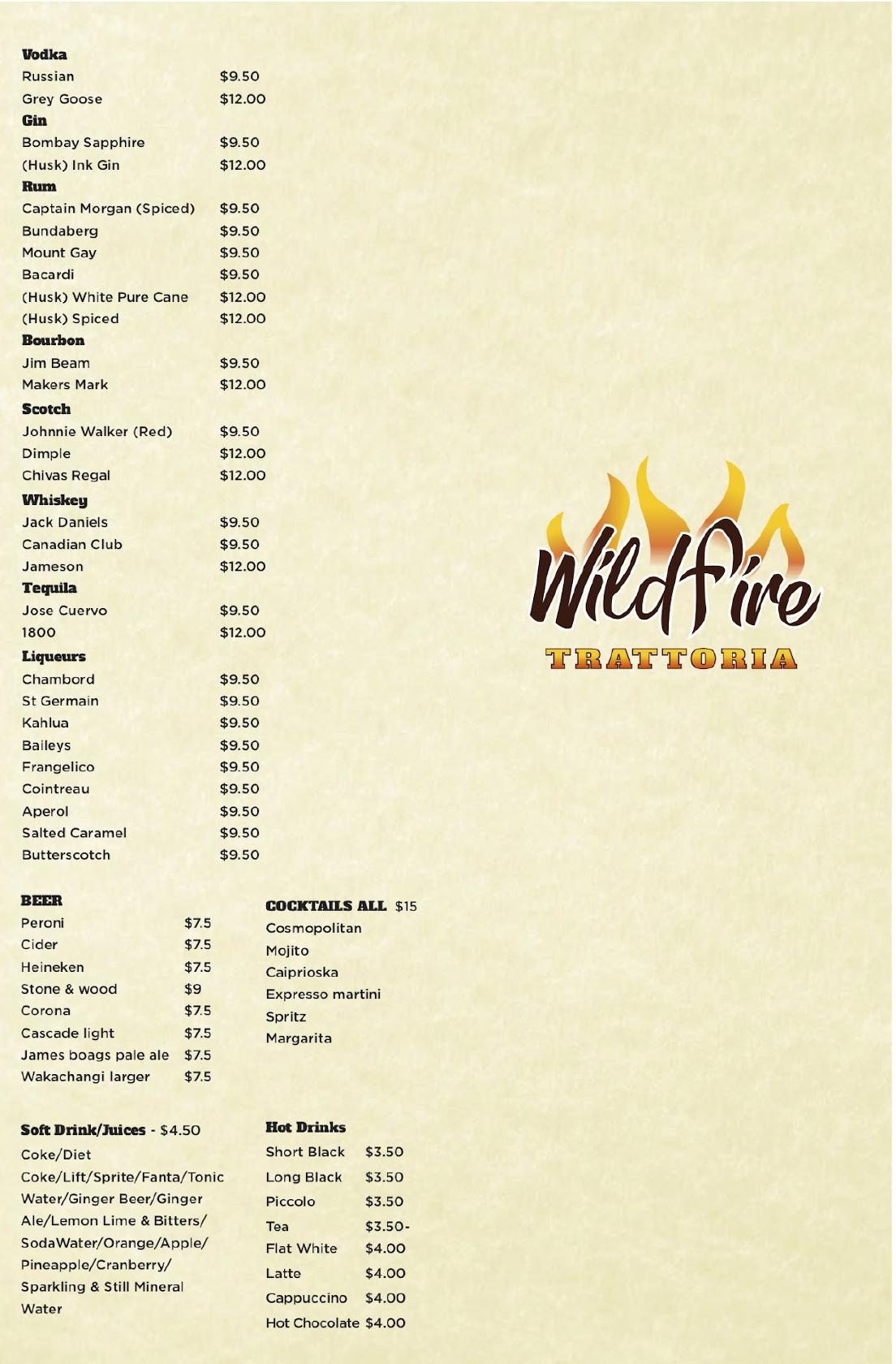Menu at WILDFIRE TRATTORIA restaurant, Terranora