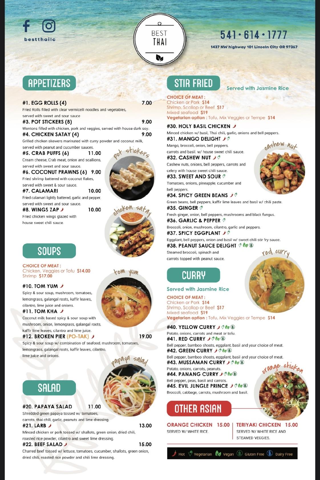 Menu at Best Thai restaurant, Lincoln City