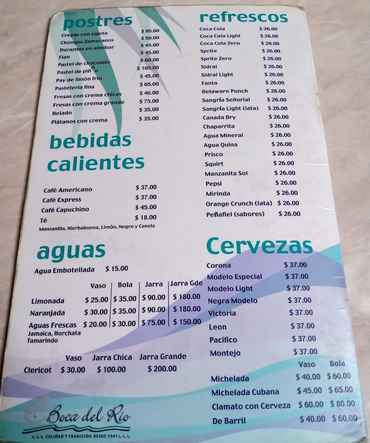 Menu at Boca del Rio restaurant, Mexico City, Av. Ribera de San Cosme 42