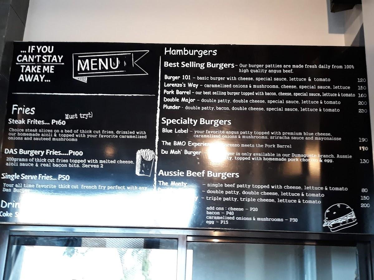 Carta del restaurante Das Burgery, Dumaguete