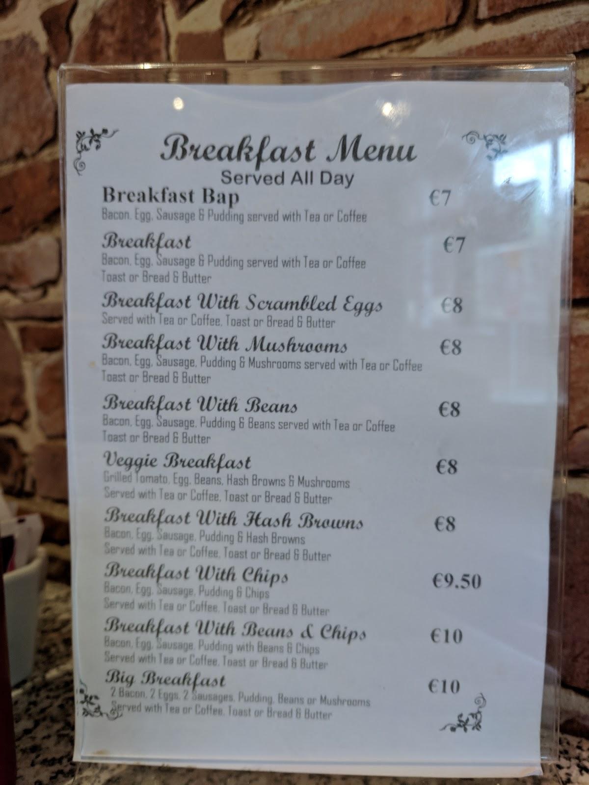 Menu at Del Rio's Cafe, Dublin