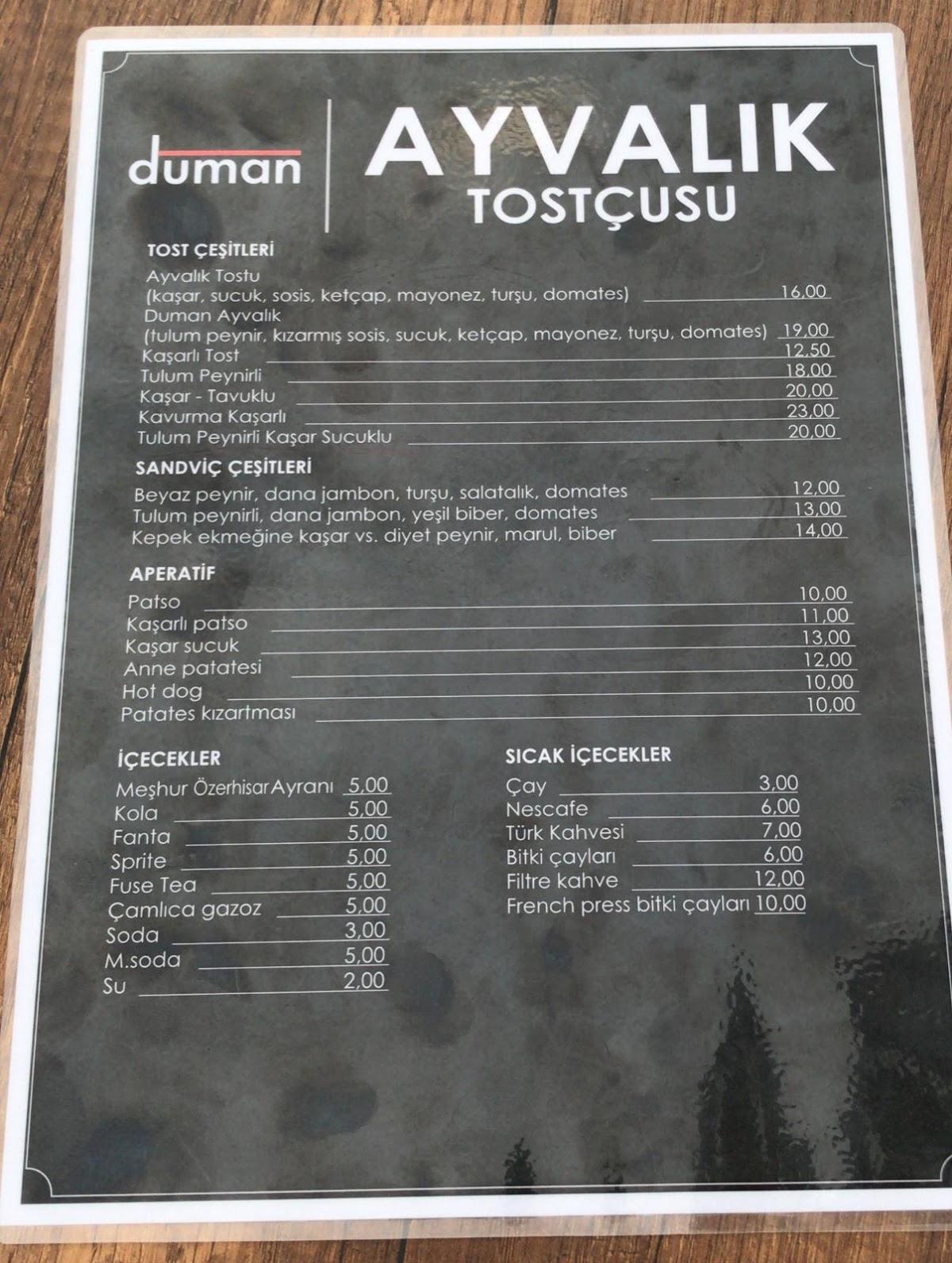Menu at Duman Ayvalık Tostçusu, Istanbul
