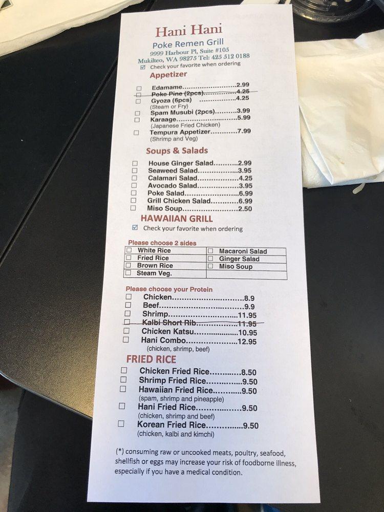 Menu at Hani Hani restaurant, Mukilteo